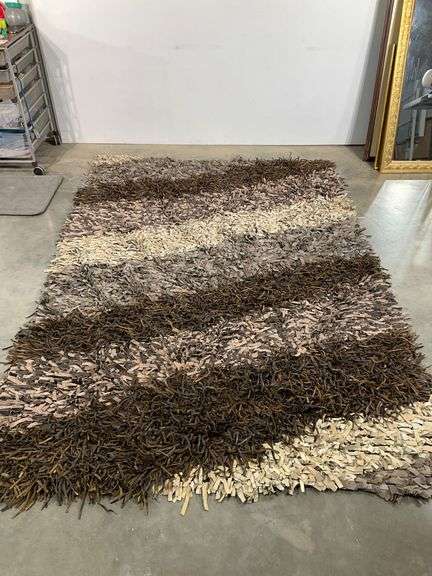 68×96-Inch Leather Shag Rug in Neutral Tones - Hash Auctions