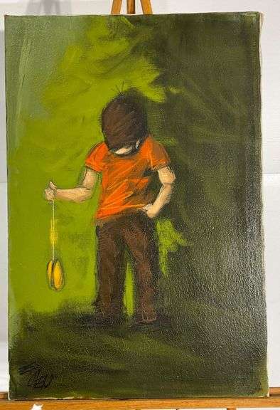 Oil on Canvas Painting of a Figure Holding a Yo-Yo, Signed - Hash Auctions
