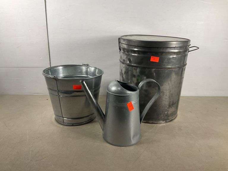 Galvanized Steel Watering Can, Bucket, and Lidded Bin - Hash Auctions