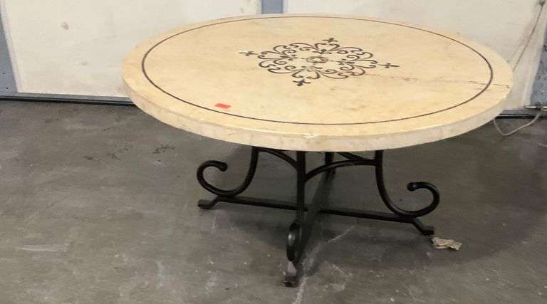 Round Stone-Top Table with Metal Scroll Base - Hash Auctions