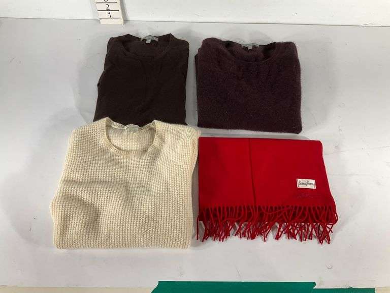Lot of Three Cashmere Sweaters and One Neiman Marcus Red Scarf - Hash ...