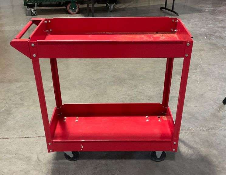 Red Two-Tier Metal Rolling Utility Cart with Handle - Hash Auctions