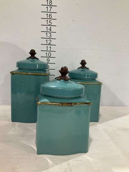 Set of Three Ceramic Lidded Canisters with Bronze-Tone Accents - Hash ...
