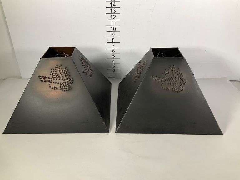 Pair of Metal Pyramid-Shaped Lamp Shades with Punched Leaf Design ...