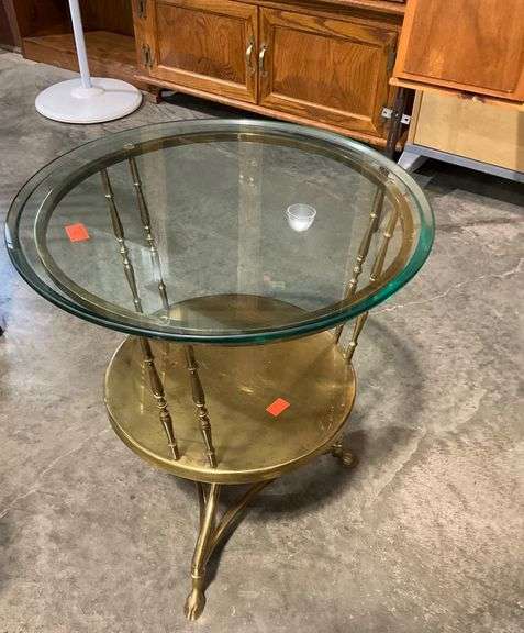 Round Glass-Top Side Table with Heavy Brass Base having Lower Shelf ...