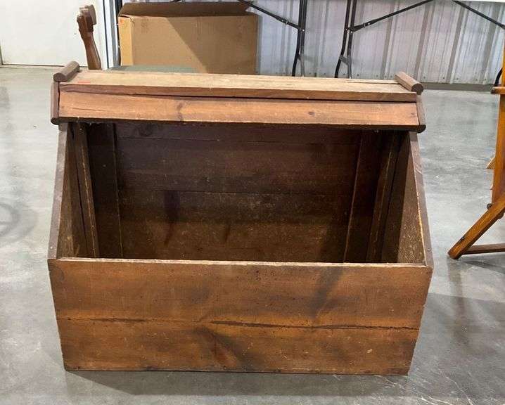 Rustic Wood Storage Bin with Slanted Front Panel and Hinged Top, 33 ...