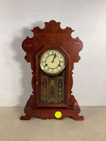 Carved Mantel Clock with Key and Glass Door Insert - Hash Auctions