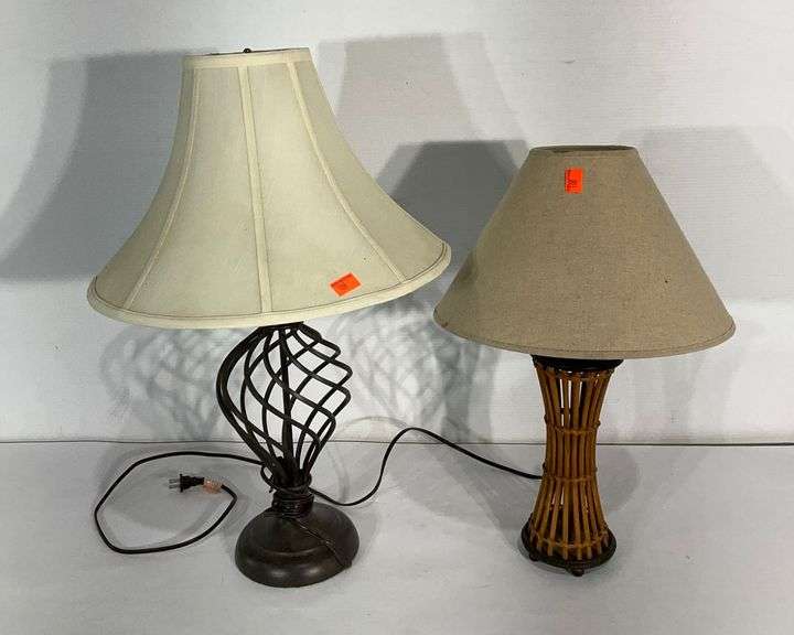 Pair of Table Lamps with Metal and Woven Bases and Fabric Shades - Hash ...