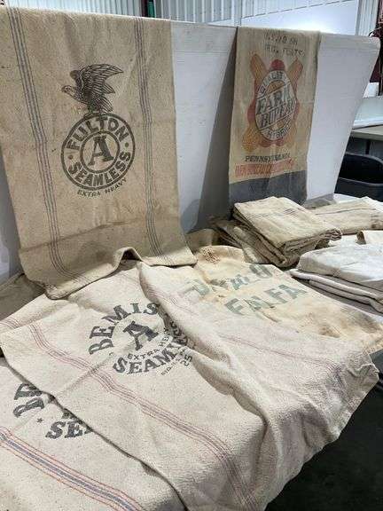 Collection of Vintage Feed Sacks with Logos and Branding - Hash Auctions