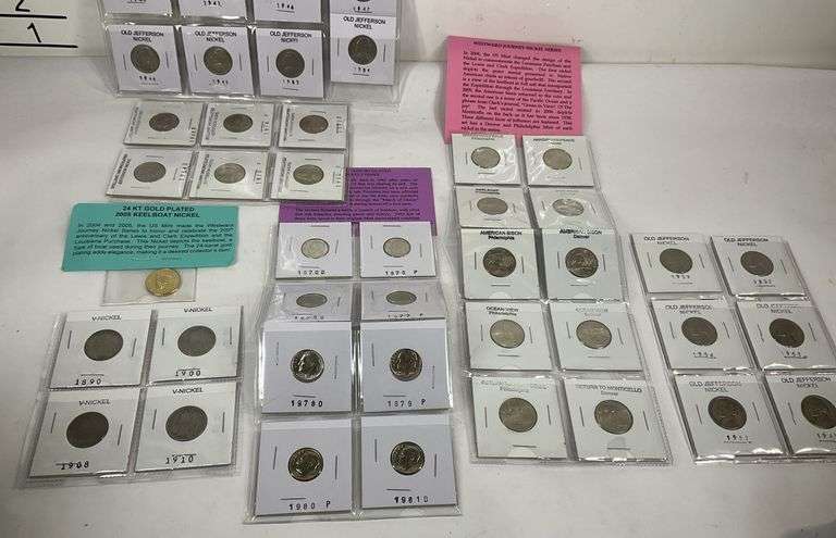 Mixed coin group, 4 V nickels, 24kt gold plated 2005 keelboat nickel ...
