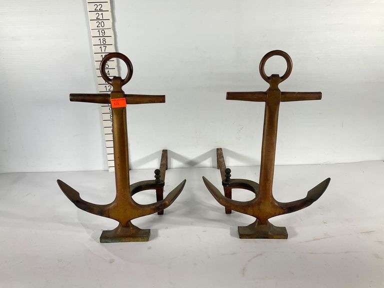 Pair of 18-Inch Brass Anchor-Themed Andirons - Hash Auctions