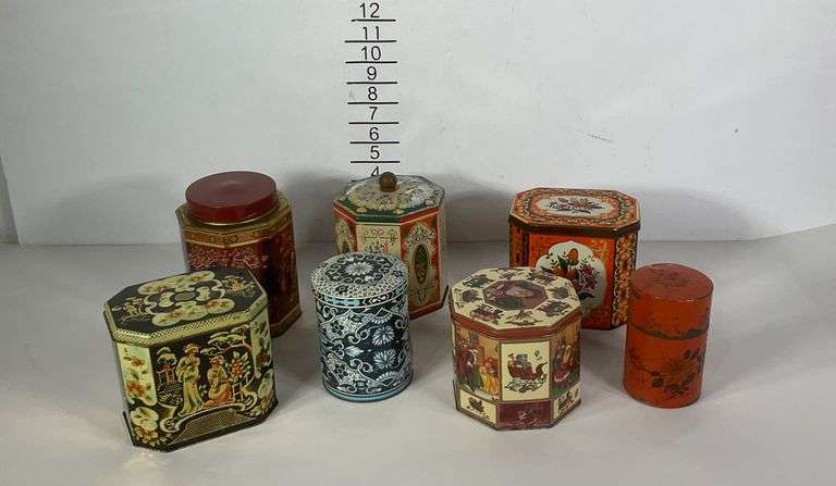 Collection of Seven Decorative Metal Tea Tins, Made in England and ...