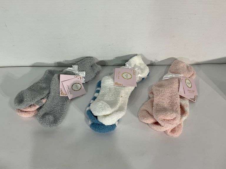 Set of Three Pairs of Fuzzy Socks in Gray, White, and Pink with Tags ...