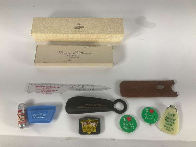 Assorted Promotional Items Including Shoehorns, Rulers, Buttons, and ...