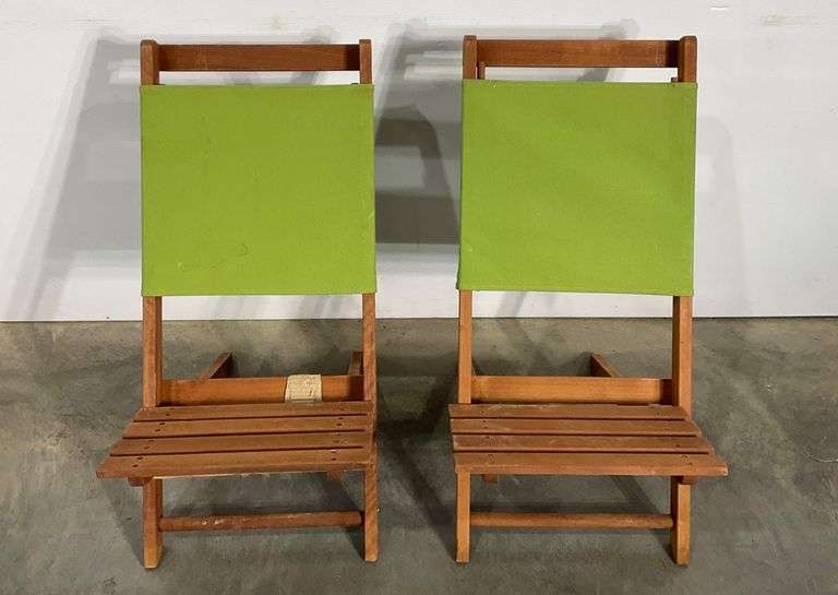 Pair of Folding Chairs With Wooden Slats and Green Canvas Backrests ...