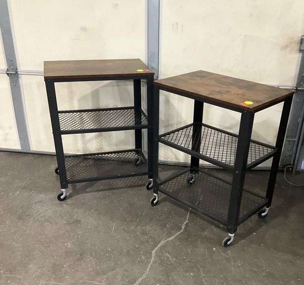 Pair of Mobile Metal Frame Carts with Two Mesh Shelves - Hash Auctions