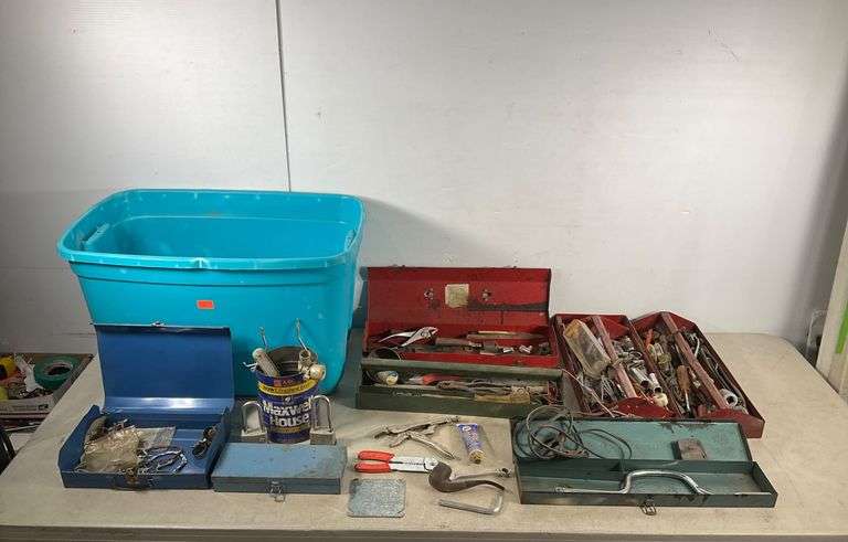 Assorted Hand Tools, Toolboxes, and Plastic Storage Bin - Hash Auctions