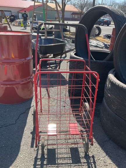 Red Folding Wire Cart with Handle and Four Wheels - Hash Auctions