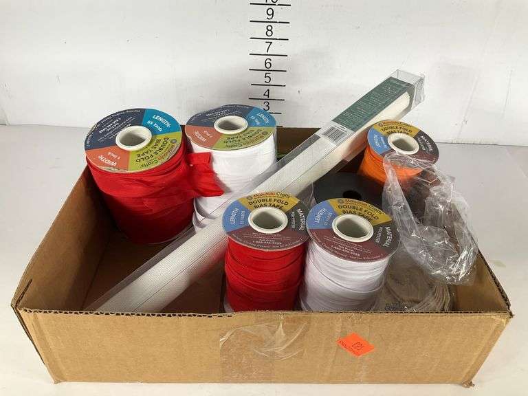 Assorted Spools of Double Fold Bias Tape and Other Sewing Materials ...