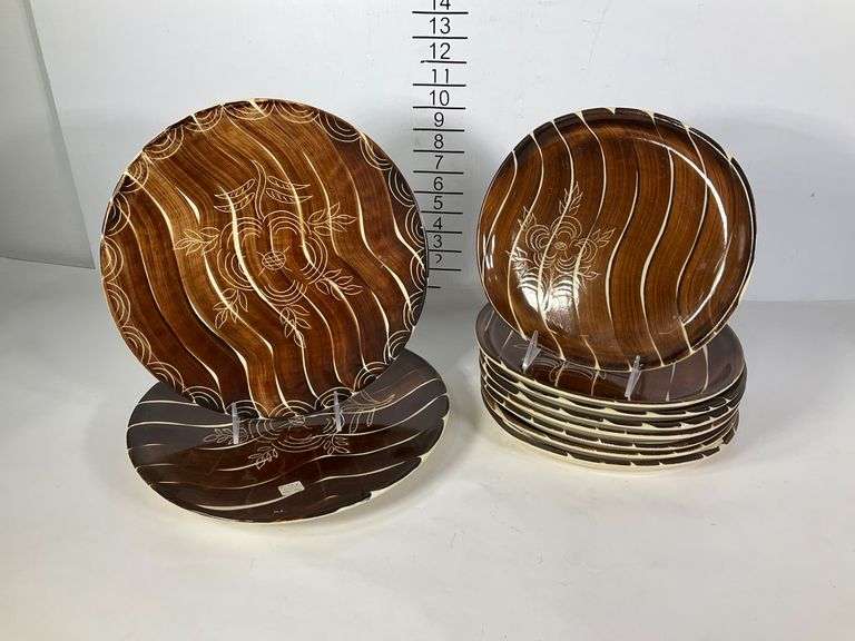 Set of Ten Purinton Slip Ware Hand-Painted Plates - Hash Auctions