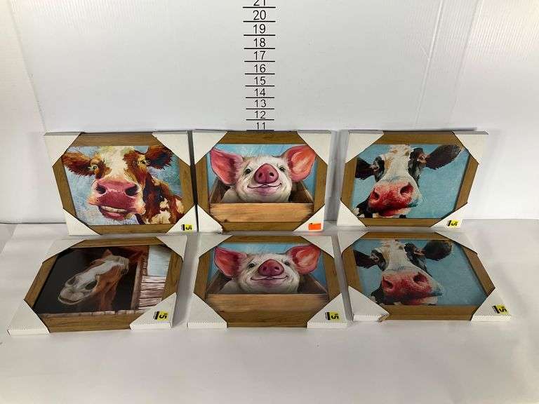 Set of Six Animal Photos in Frames Featuring Cows, Pigs, and Horse ...
