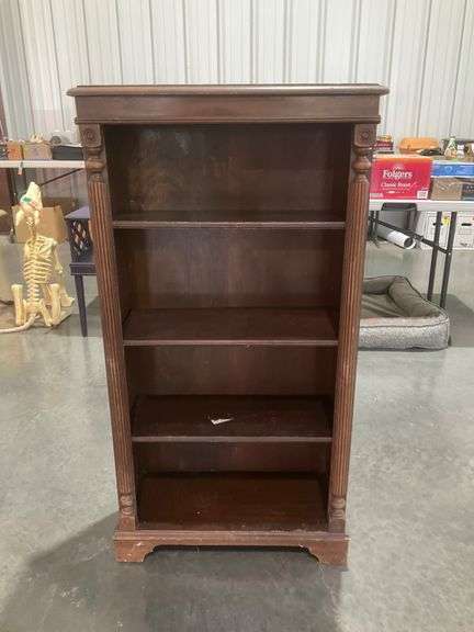 Dark Finish Four-Shelf Bookcase with Fluted and Carved Side Details ...