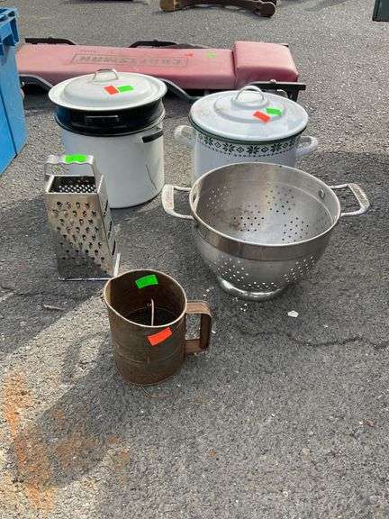 Assorted Kitchenware Including Colander, Metal Grater, and Enamelware Pots - Hash Auctions