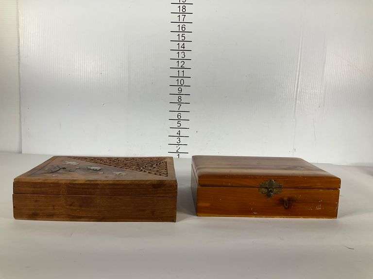 Pair of Decorative Wooden Boxes, One With Carved Elephants and Floral ...