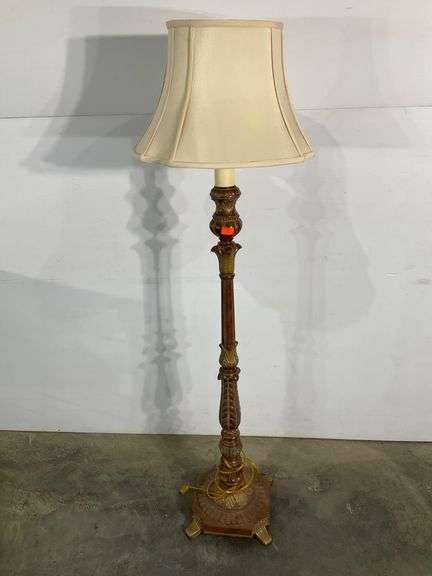 Heavy Floor Lamp with Ornate Base and Fabric Shade - Hash Auctions