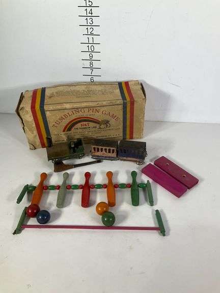 Tumbling Pin Game Set with Box and Train Pieces, Pope Estate Property ...