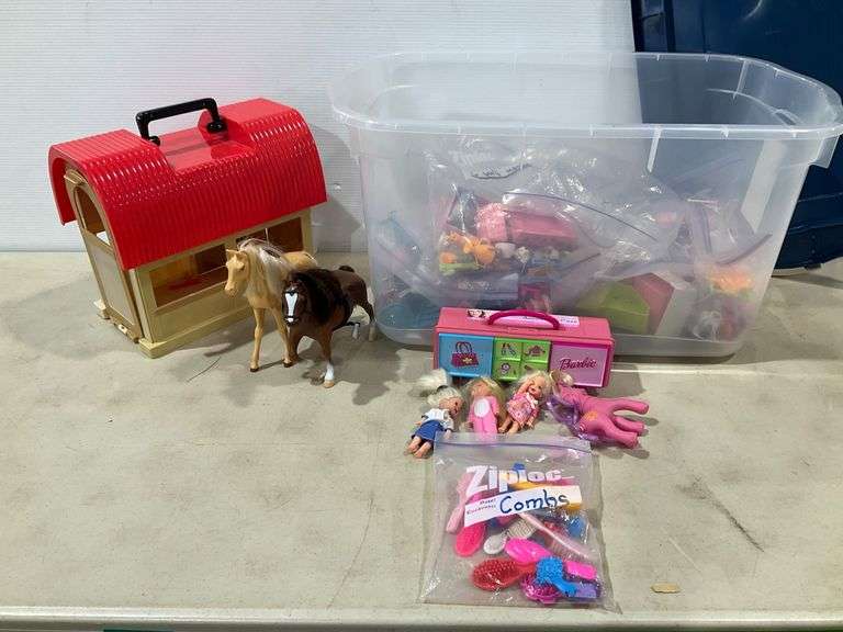 Plastic Toy Barn, Horse Figures, Barbie Accessories, and Storage Bin ...