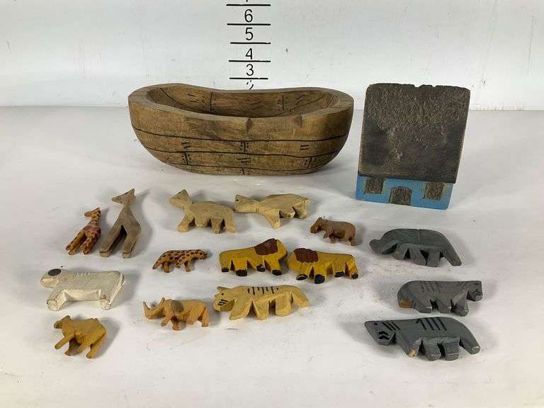 Set of Hand-Carved Animal Figures, Boat, and House-Shaped Object (Noah ...