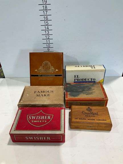 Collection of Six Empty Cigar Boxes, Various Brands and Materials ...