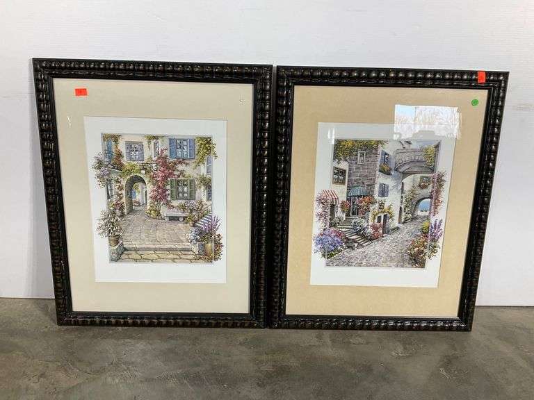 Pair of Framed Architectural Street Scene Prints with Decorative ...