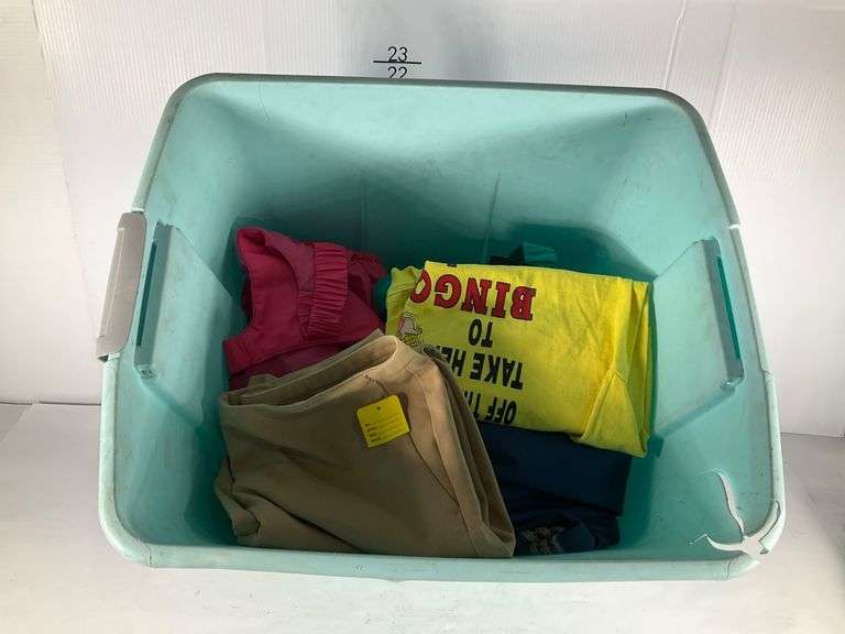 Assorted Clothing Items in a Damaged Tote - Hash Auctions