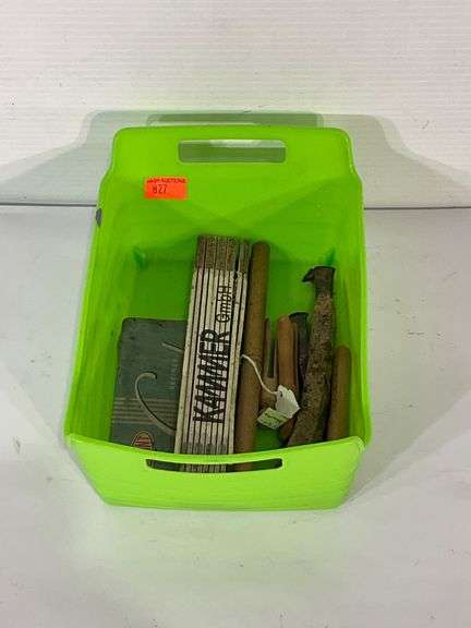 Assorted Tools and Items in Green Plastic Container - Hash Auctions