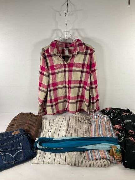 Assorted Women’s Clothing Lot Featuring Flannel Shirt, Jeans, Dresses ...
