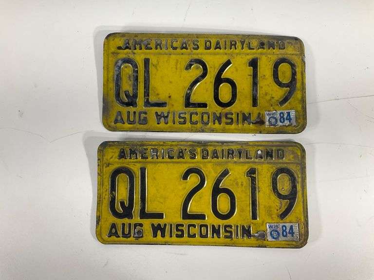 Pair of 1984 Wisconsin License Plates with Yellow and Black Design ...