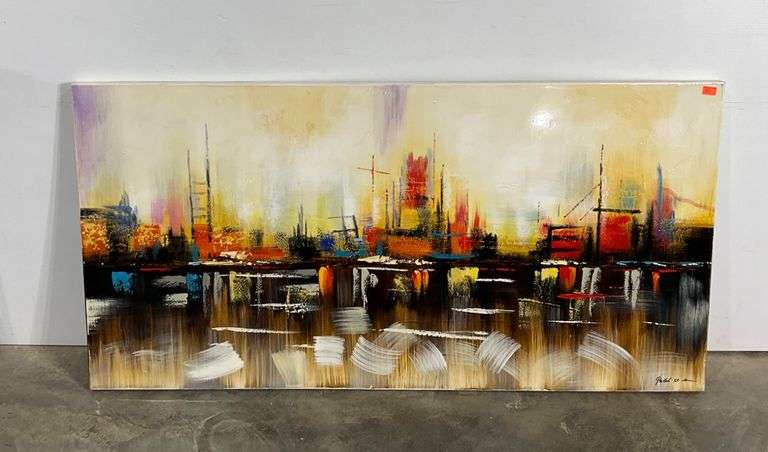 Abstract Harbor Scene Painting on Canvas, 60×30 - Hash Auctions