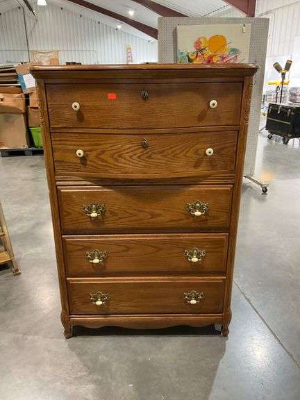 Oak Tall Chest of Drawers With Mixed Knobs and Brass Pulls - Hash Auctions