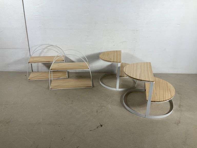 Set of Two Tiered Wood and Metal Display Stands - Hash Auctions