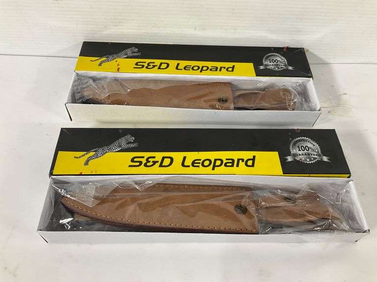 Set of Two S&D Leopard Fixed-Blade Knives with Leather Sheaths - Hash ...