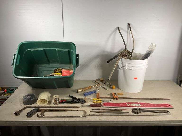 Assorted Hand Tools, Paint Rollers, Bucket, and Storage Bin - Hash Auctions