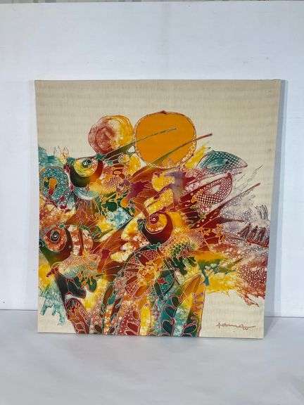 Abstract Batik Painting on Canvas with Multicolored Design, Signed, 32. ...