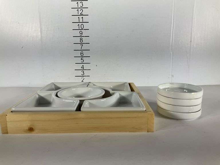 Set of Ceramic Serving Dishes with Divided Sections and a Wooden Tray ...