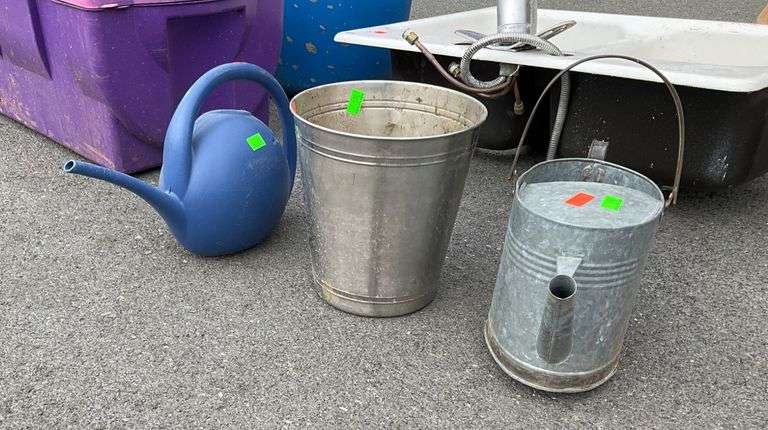 Galvanized Pale, Metal Watering Can, and Plastic Watering Can Trio ...