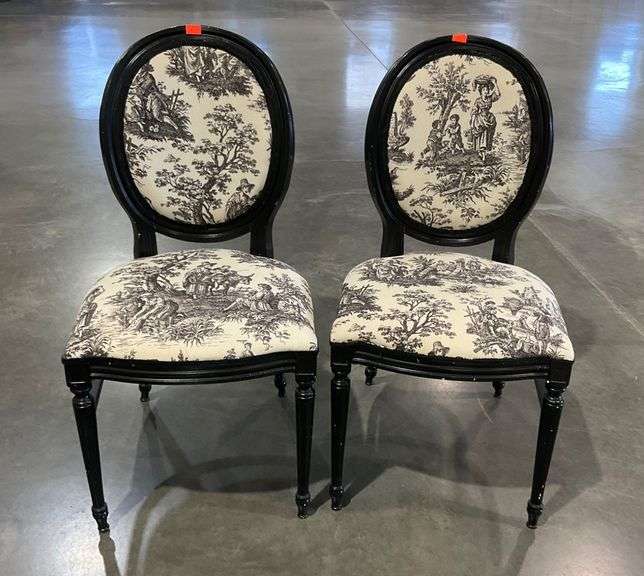 Pair of Black-Framed Oval-Back Chairs with Toile-Pattern Upholstery ...