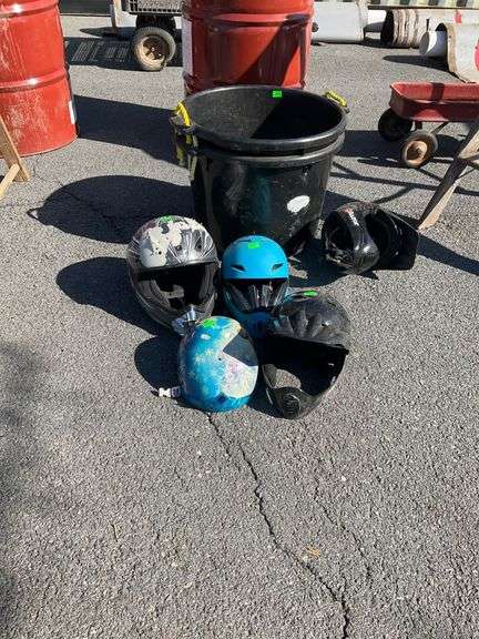 Collection of Seven Mixed Helmets with Plastic Bucket - Hash Auctions