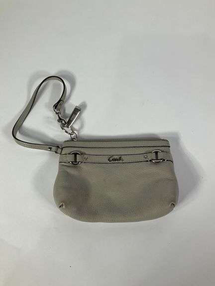 Coach Light Gray Leather Wristlet with Metal Logo Accent - Hash Auctions