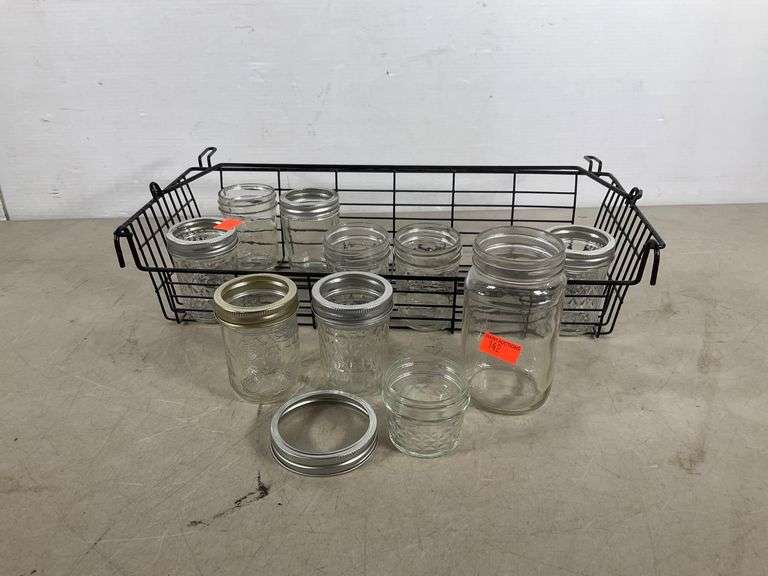 Metal Wire Basket with Assorted Glass Jelly Jars and Lid Rings - Hash ...